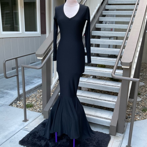 Hand Crafted | Dresses | Black Fitted Long Sleeve V Neck Fitted Mermaid Morticia Adams Dress Xs ...